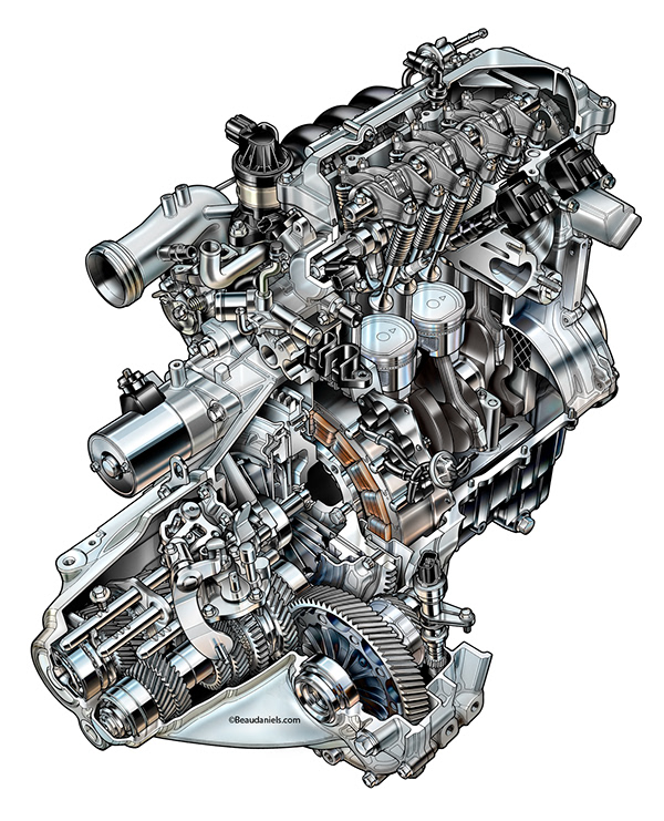 Technical illustration, Beau and Alan Daniels. - Cutaway Automotive Engines